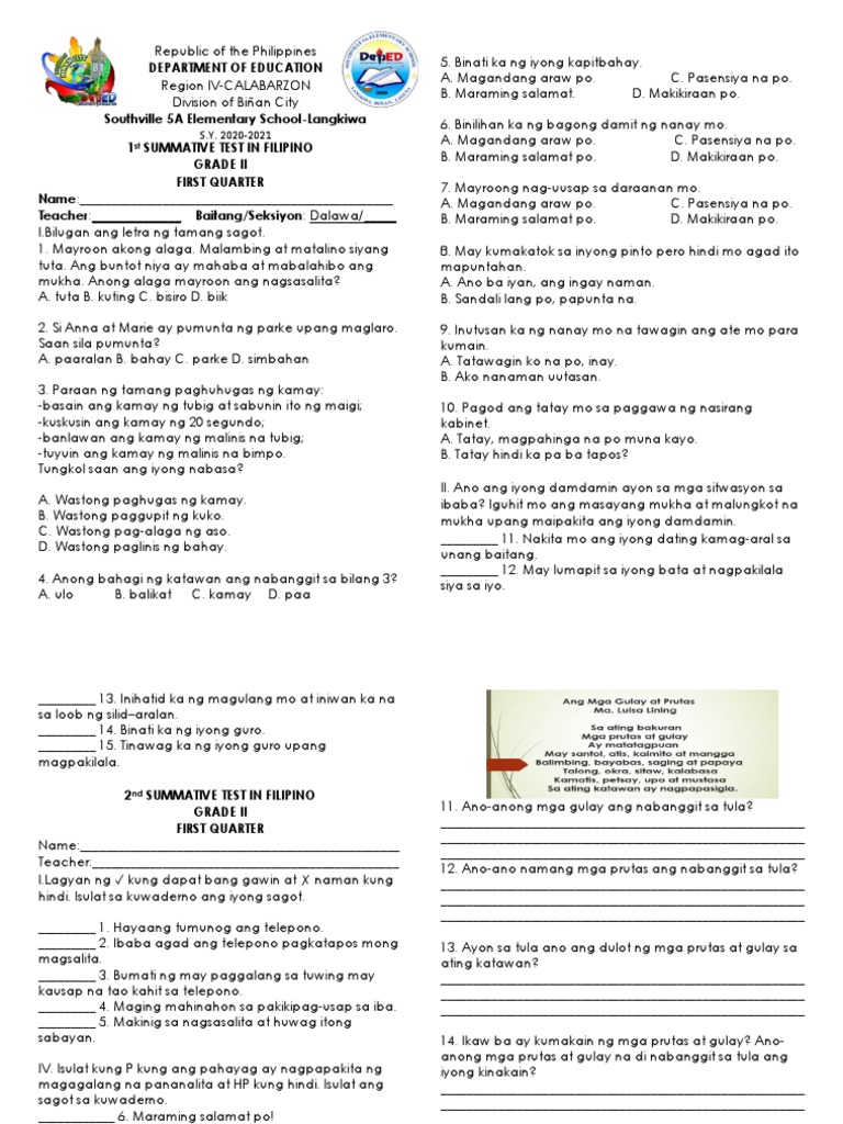 SUMMATIVE TEST IN FILIPINO Week 1 2 1 | PDF