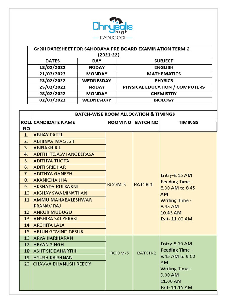 Grade-Xii Tr-2 - Sahodaya - Exam Date Sheet With Plan @CHK | PDF