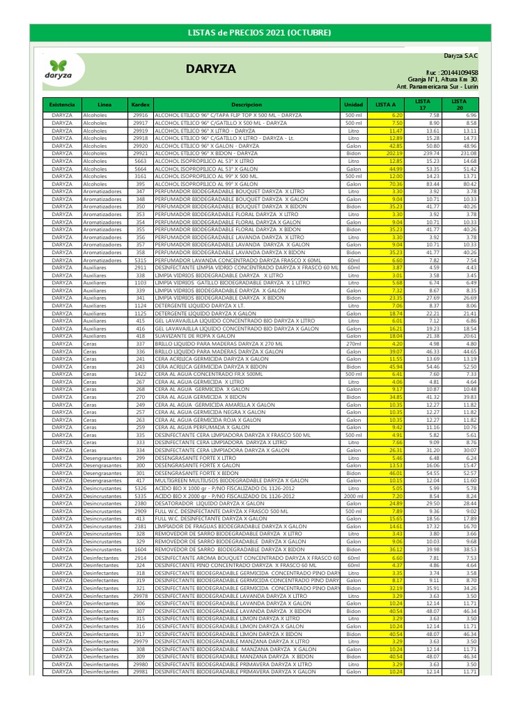 Lista de Precios Daryza Oct 2021 - A | PDF | Blanqueador | Tóxicos
