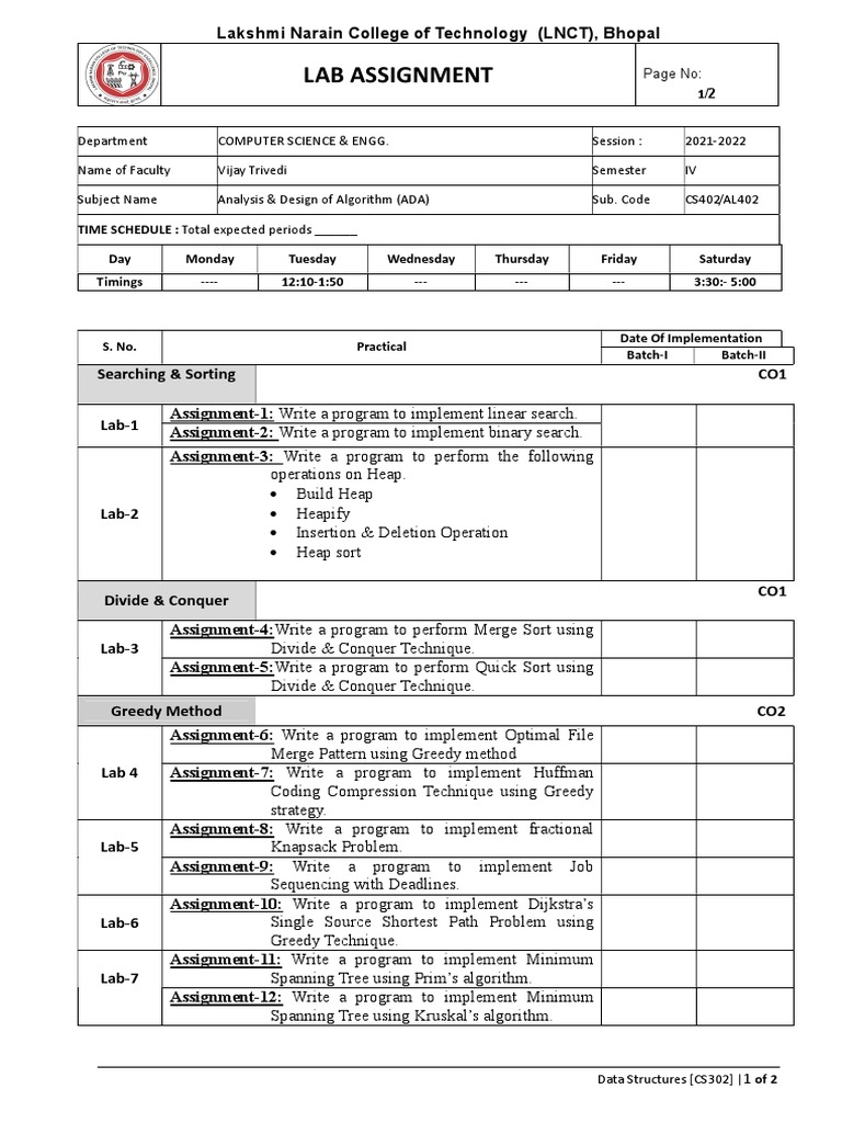 ADA Lab Assignment Updated | PDF | Combinatorics | Algorithms And Data Structures