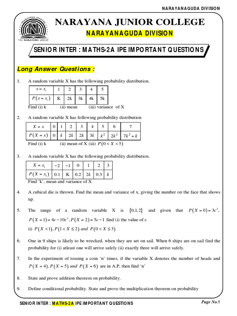 Narayana Junior College: Narayanaguda Division Senior Inter: Maths-2A Ipe Important Questions ...