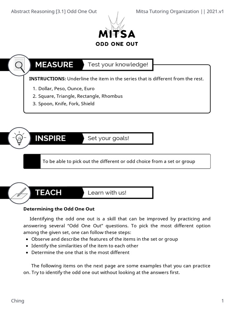 Abstract Reasoning 3 1 Odd One Out Pdf Cognition