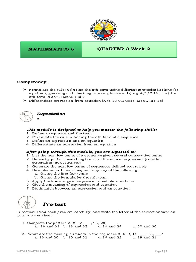 Mathematics 6 Quarter 3 Week 2: Pre-Test | PDF | Equations | Sequence