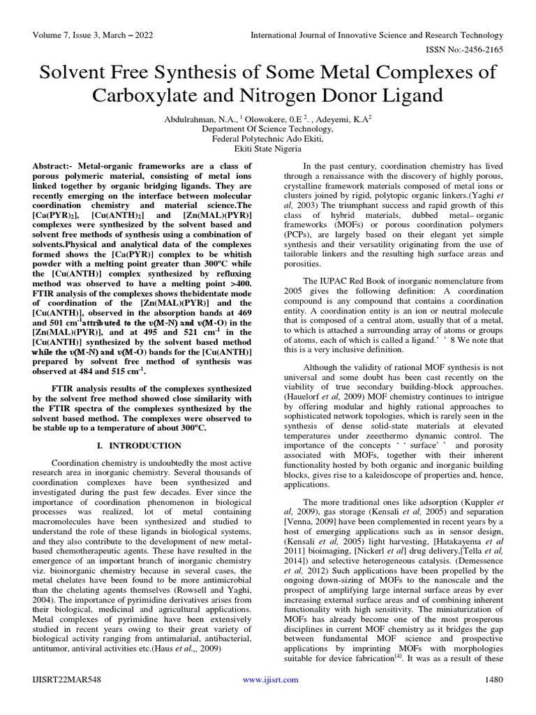 Solvent Free Synthesis of Some Metal Complexes of Carboxylate and Nitrogen Donor Ligand | PDF ...