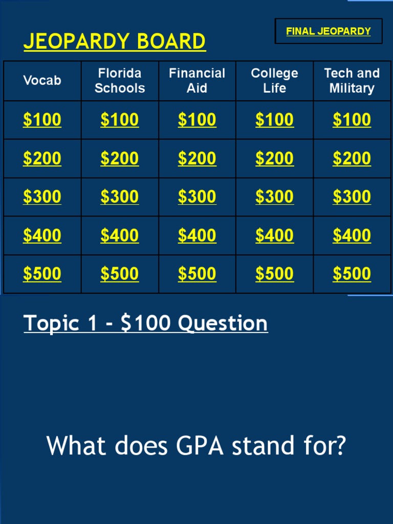 Jeopardy Game 5-Topic Template | PDF | College | Loans