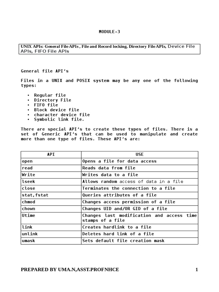Device File Apis, Fifo File Apis: Prepared by Uma.N, Asst - Profnhce 1 | PDF | Computer File ...