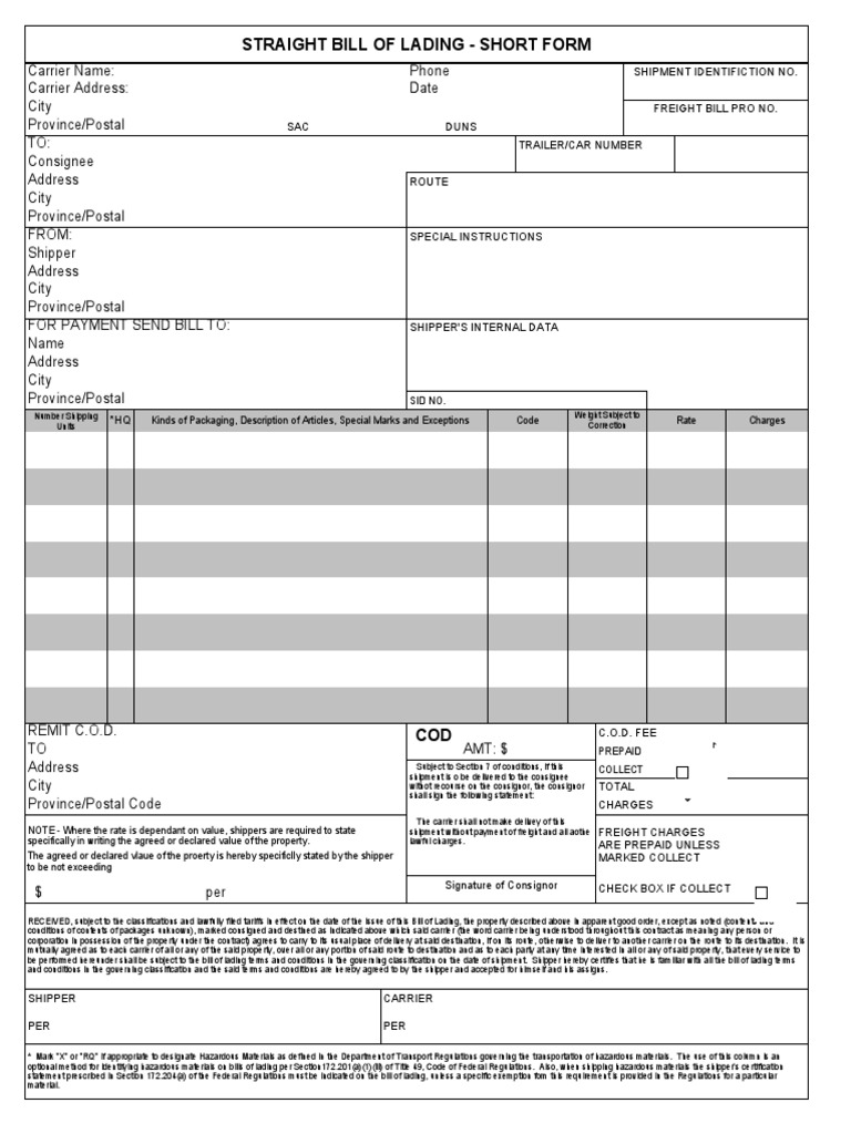 Bill of Lading Template | PDF | Cargo | Bill Of Lading