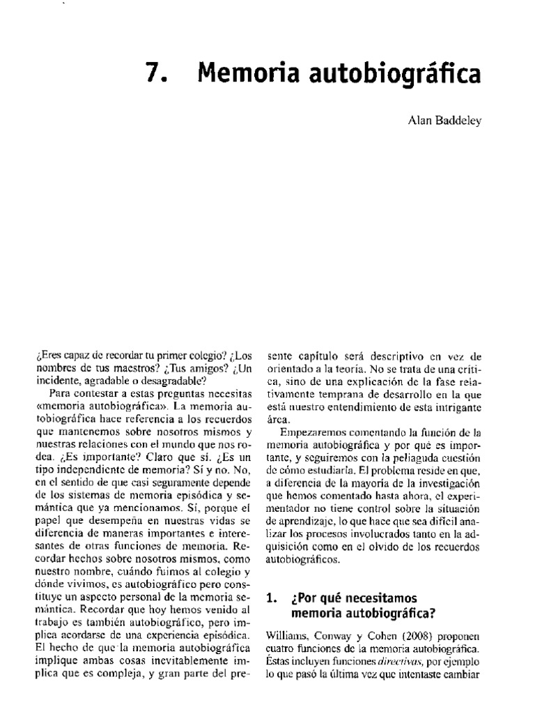 Baddeley, Alan Memoria Autobiografica Baddeley Memoria Cap.7 SCAN | PDF