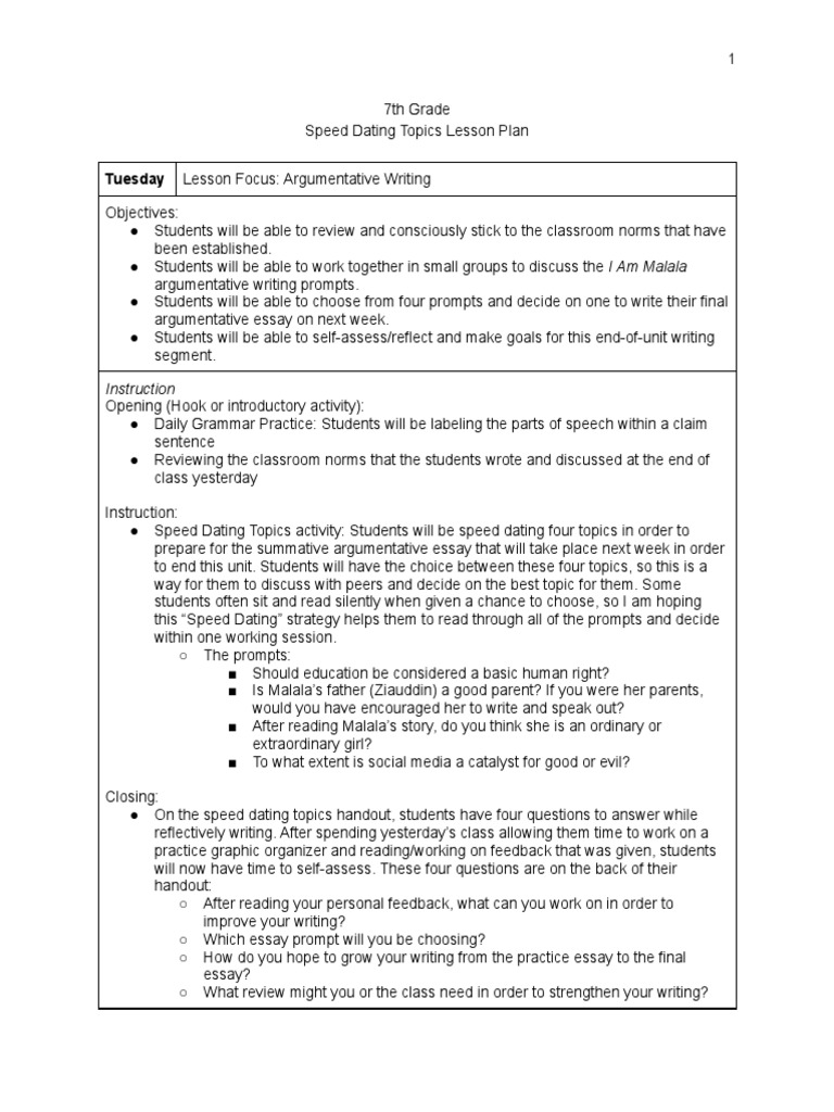 Speed Dating Topics Lesson Plan 1 | PDF | Essays | Lesson Plan