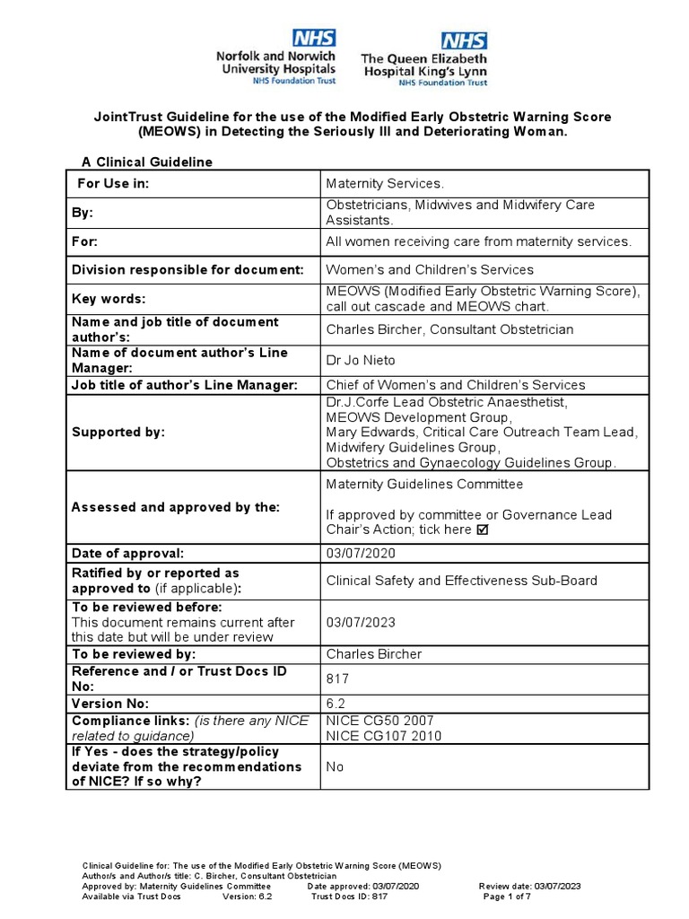 Modified Early Obstetric Warning Score MEOWS MID33 AO13 v6.2 | PDF ...