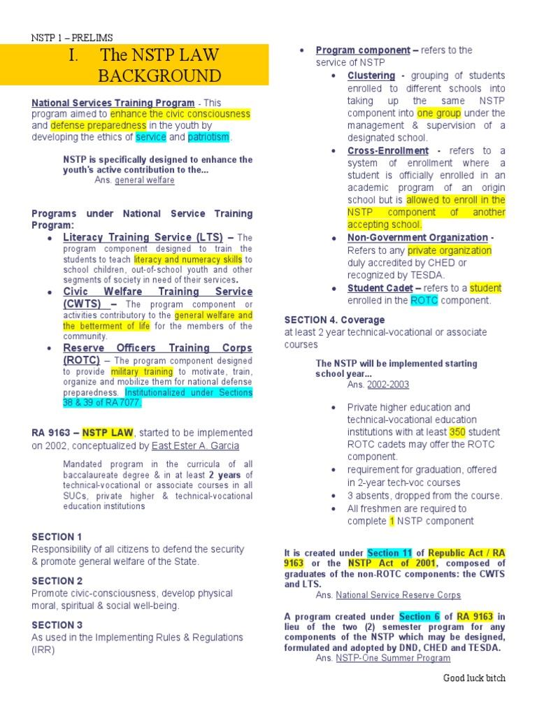 I. The NSTP Law Background: Literacy Training Service (LTS) | PDF