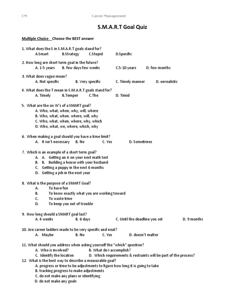 SMART Goals Quiz for Career Management | PDF | Goal | Cognition