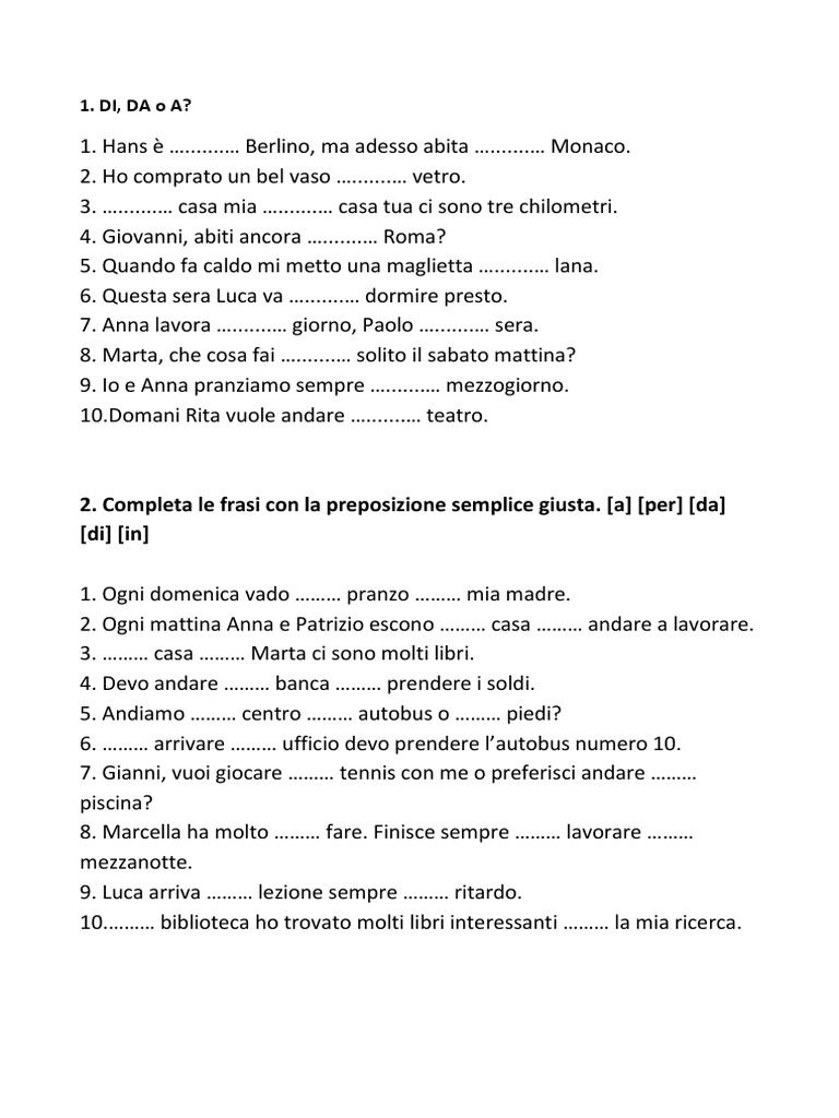 ITA M 10 Esercizi Preposizioni Semplici | PDF