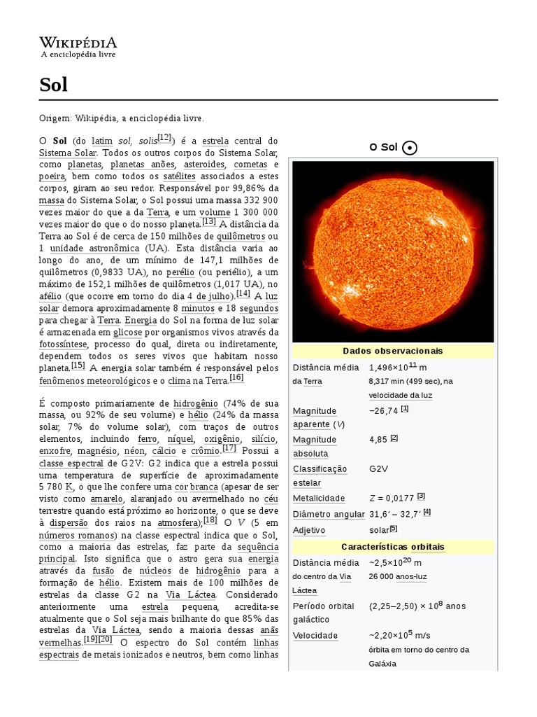 Origem: Wikipédia, A Enciclopédia Livre.: O Sol | PDF | Sol | Estrelas