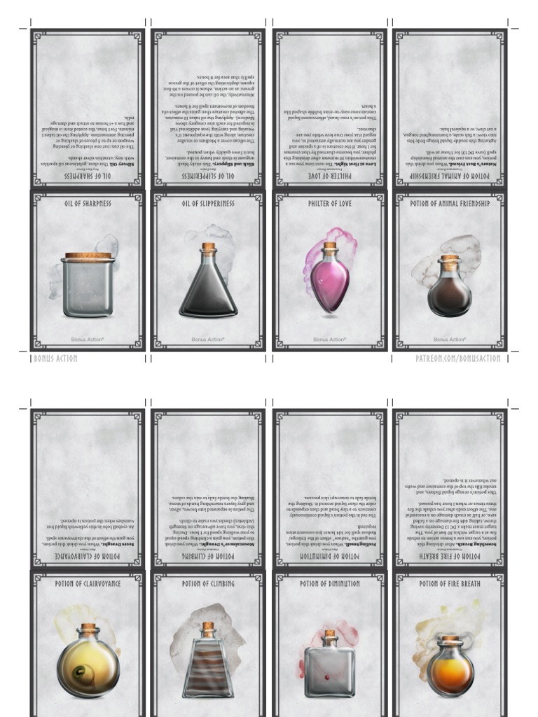 5e Potions Item Cards by Bonus Action | PDF