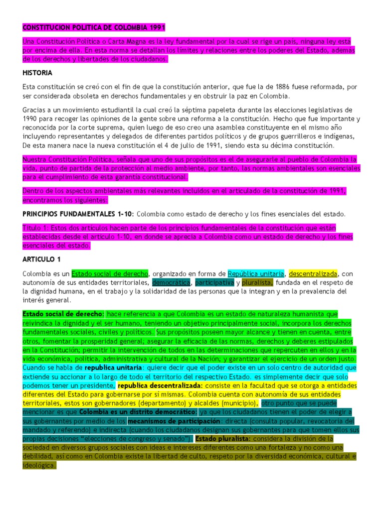 Constitución Política De Colombia 1991 Pdf Constitución Gobierno