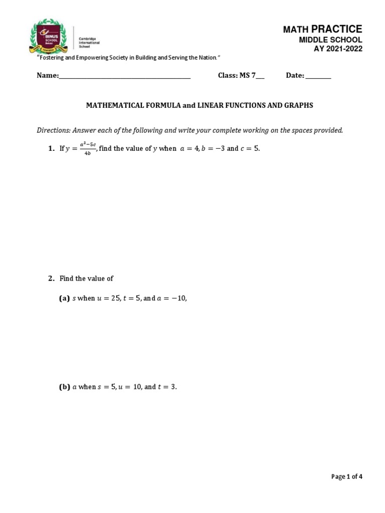 Revision Exercises On Linear Functions and Graphs | PDF | Mathematics ...