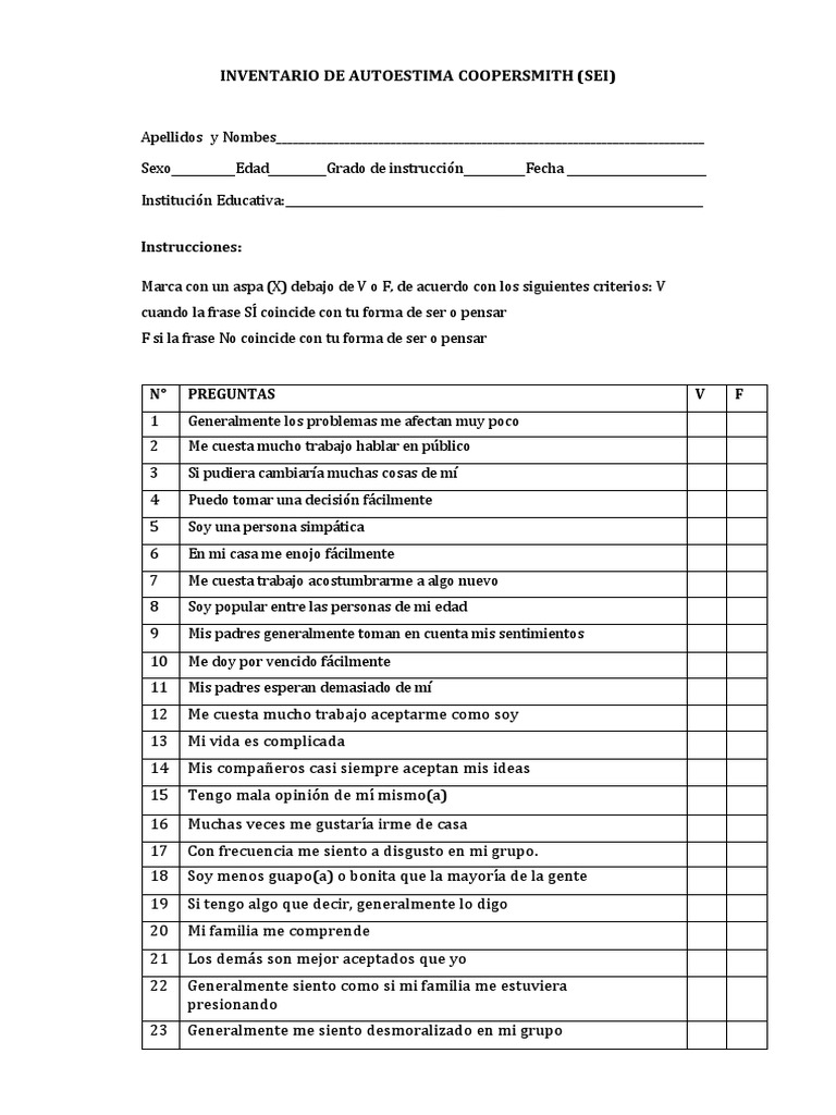 Inventario de Autoestima Coopersmith (Sei) | PDF