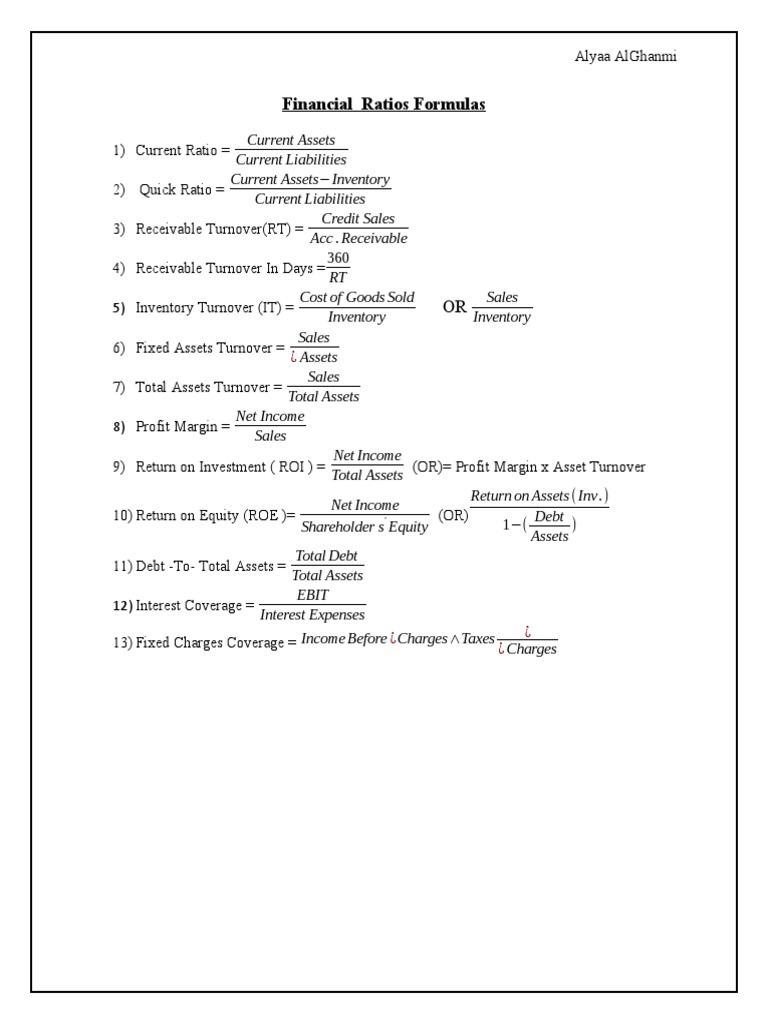 Financial Ratios Formulas | PDF | Finance & Money Management