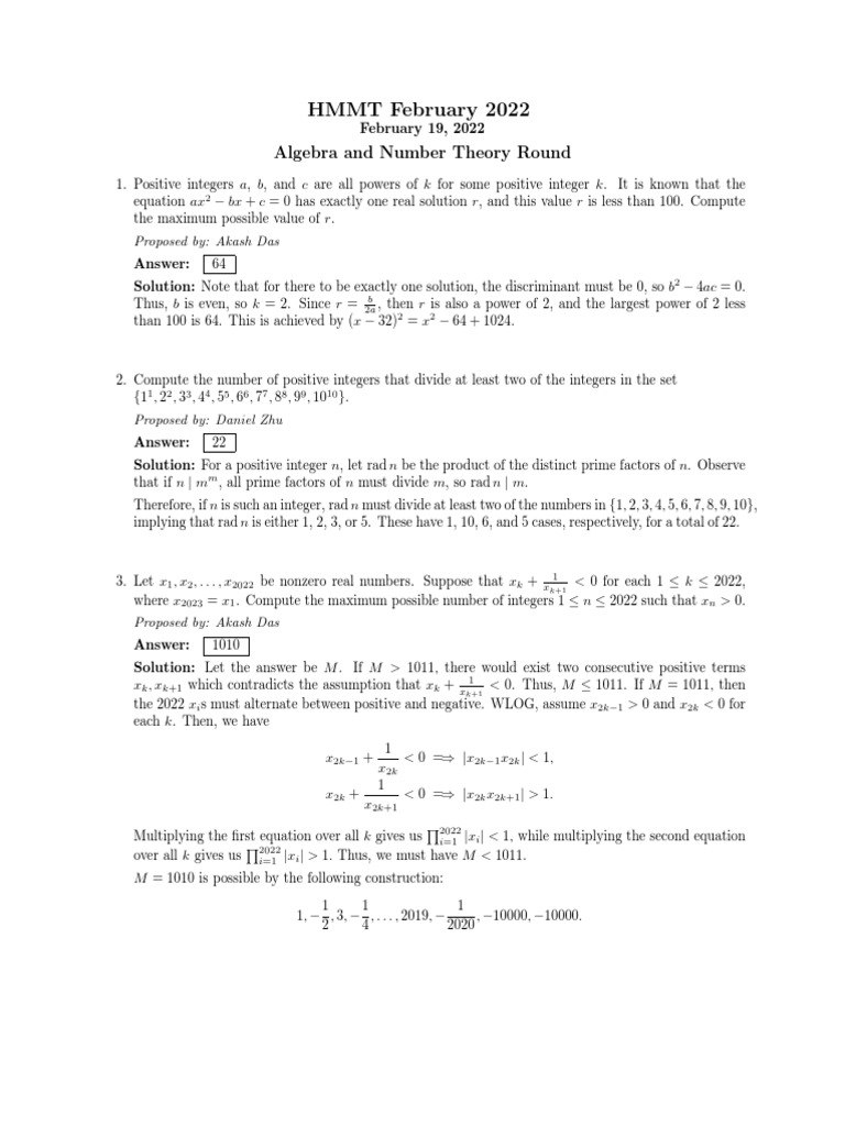 HMMT February 2022: Algebra and Number Theory Round | PDF | Prime ...