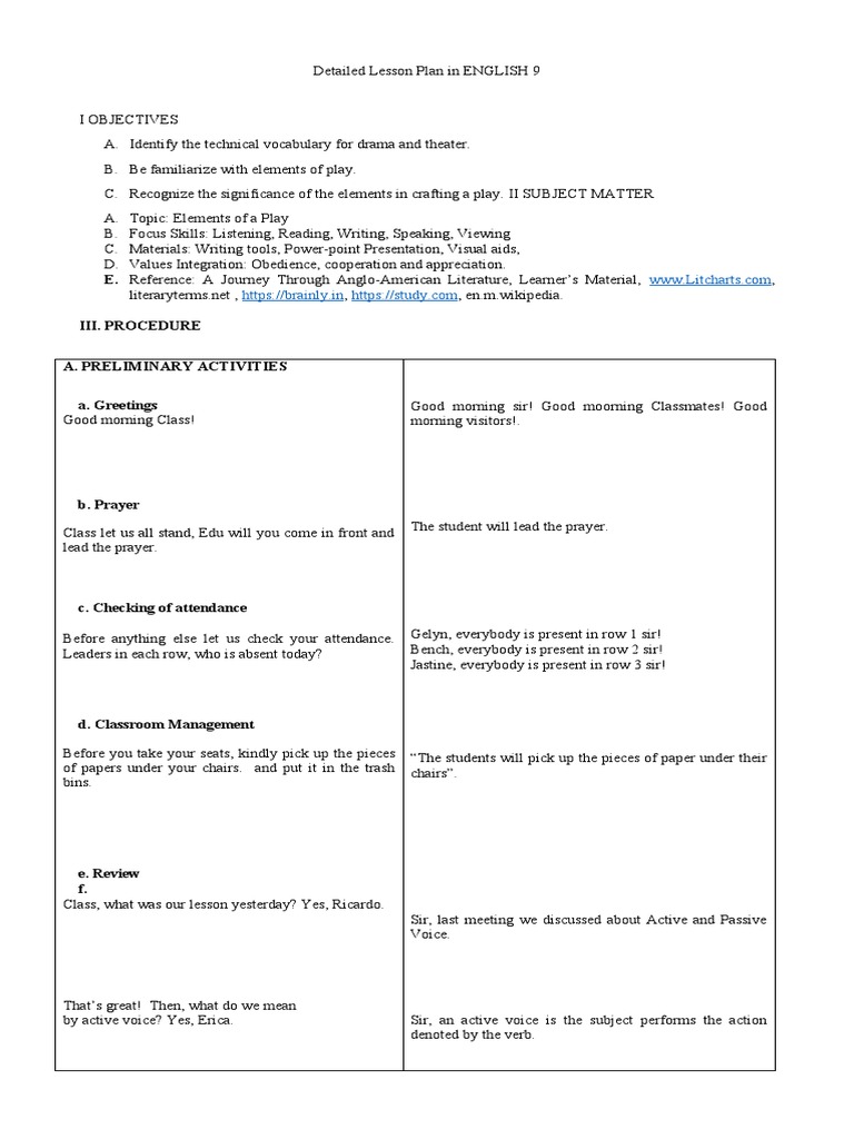 Elements of a Play Lesson Plan | PDF | Plot (Narrative) | Play (Theatre)