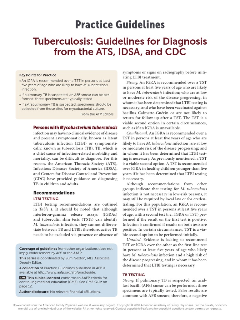 Practice Guidelines: Tuberculosis: Guidelines For Diagnosis From The ...