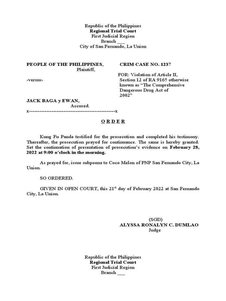 Order Setting the Presentation of Defense Evidence and Admission of ...