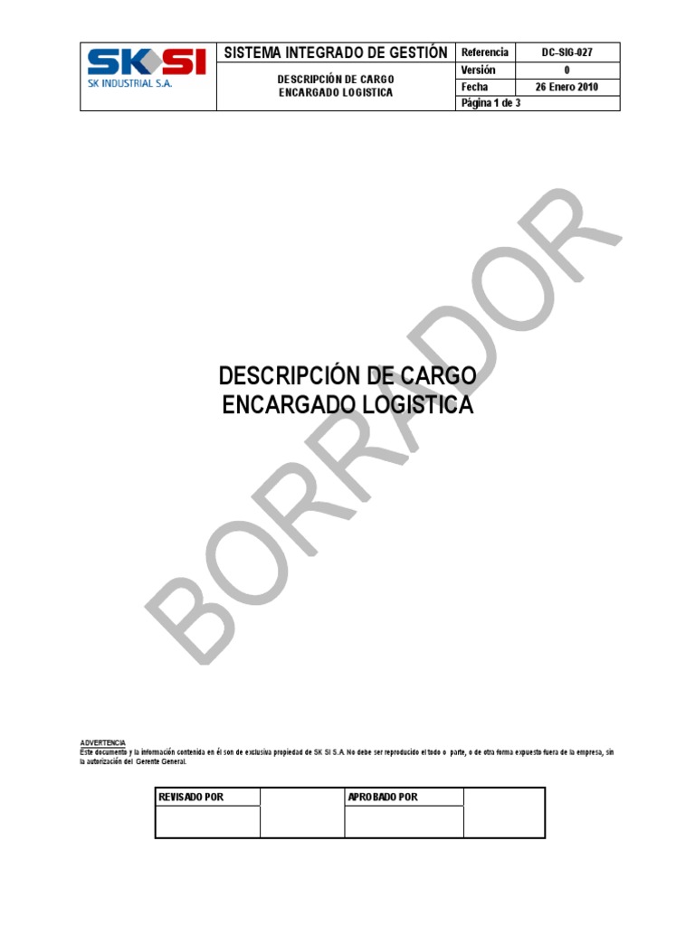 DESCRIPCIÓN de CARGO Encargado de Logistica | PDF | Logística | Liderazgo