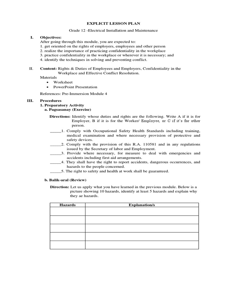 Explicit Lesson Plan | Download Free PDF | Employment | Occupational ...