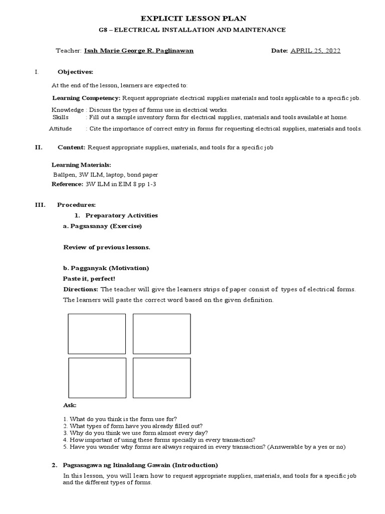 Explicit Lesson Plan: Teacher: Isah Marie George R. Paglinawan I | PDF ...