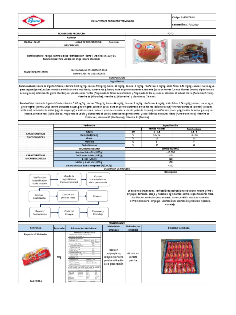 Ficha Técnica - Ponque Ramito | PDF | Etiqueta de información ...