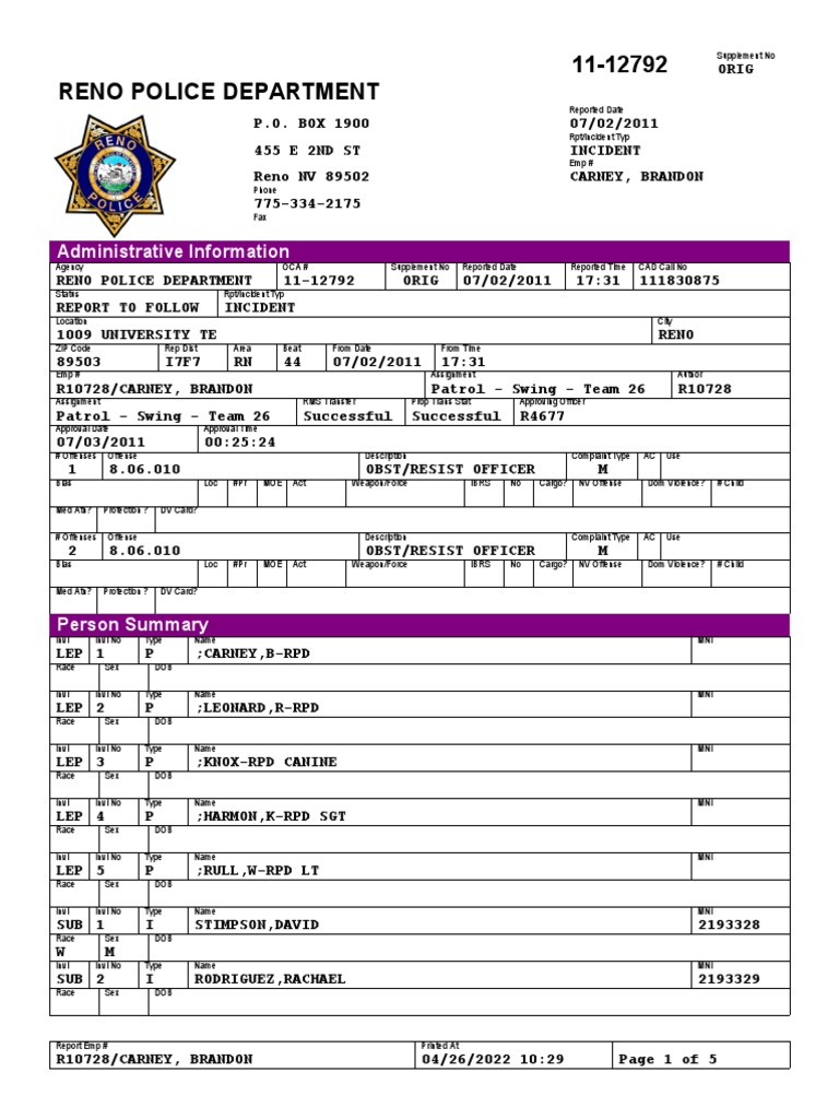 Reno PD and Kitty Jung C#11-12792 | PDF | Law Enforcement | Crime ...