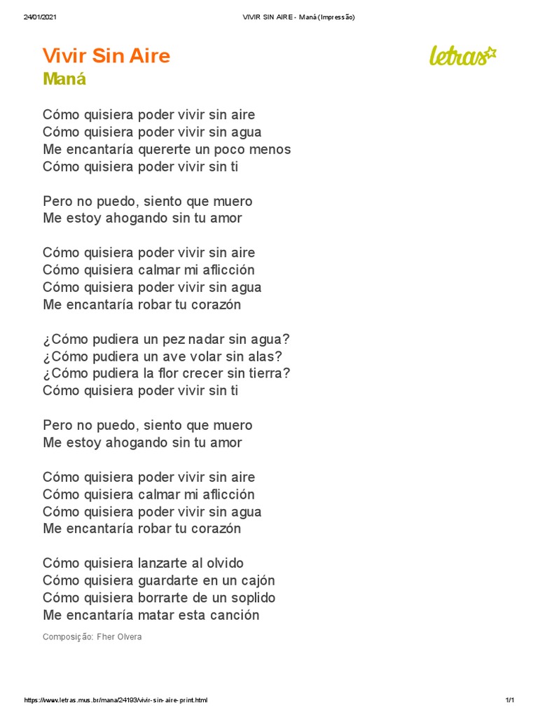 Letras de "Vivir Sin Aire" - Maná | PDF