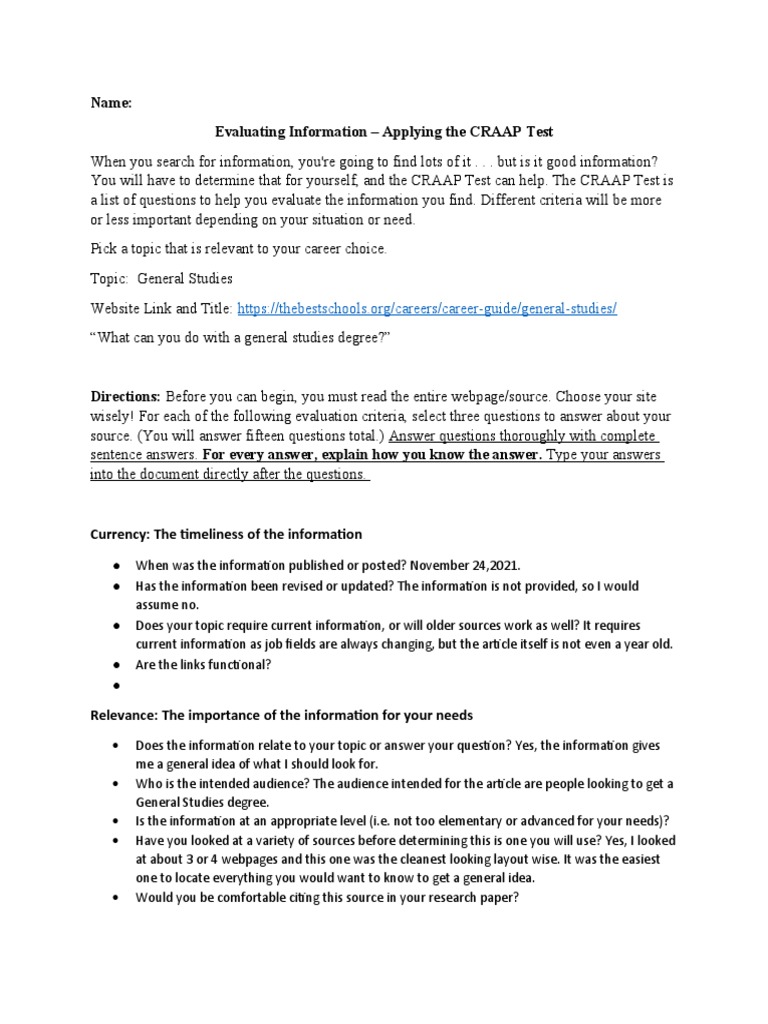 Evaluating Sources with the CRAAP Test | PDF | Career & Growth
