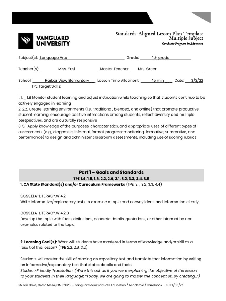 4th Grade Language Arts Lesson Plan | PDF | Lesson Plan | Educational ...