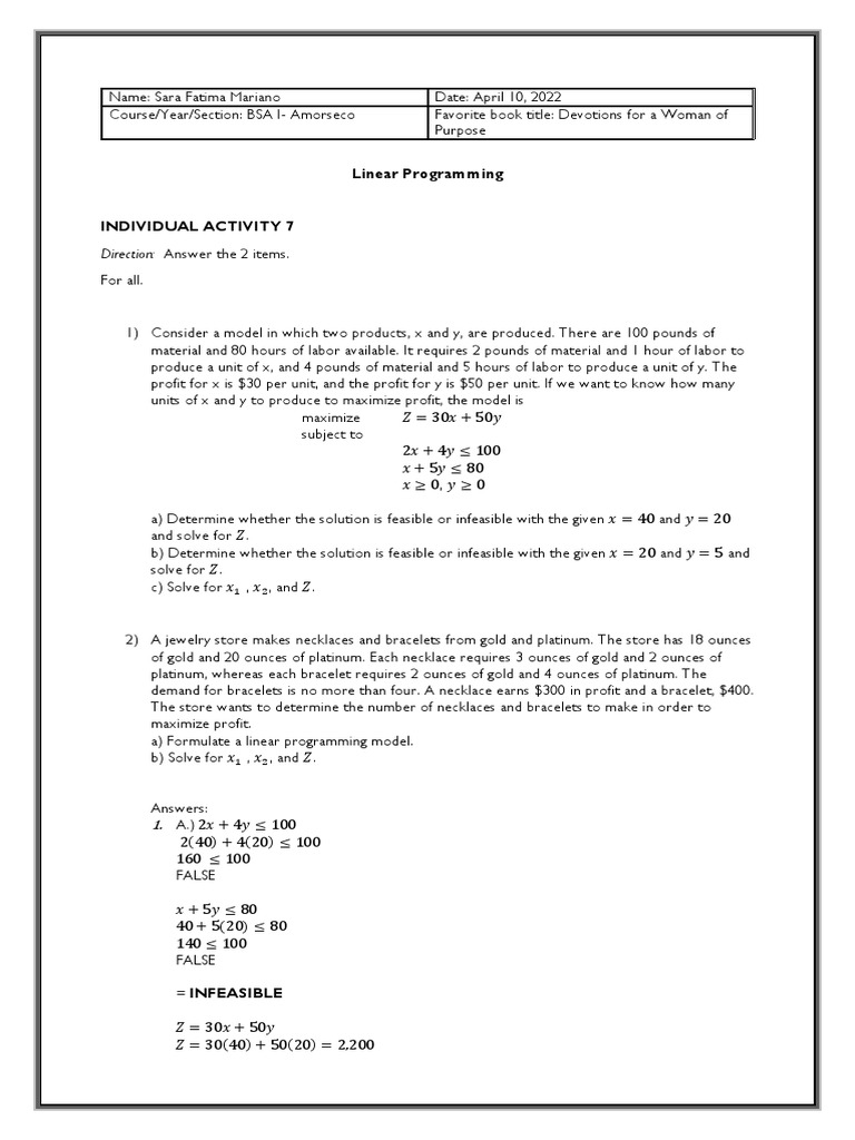 Linear Programming Exercises | PDF | Linear Programming