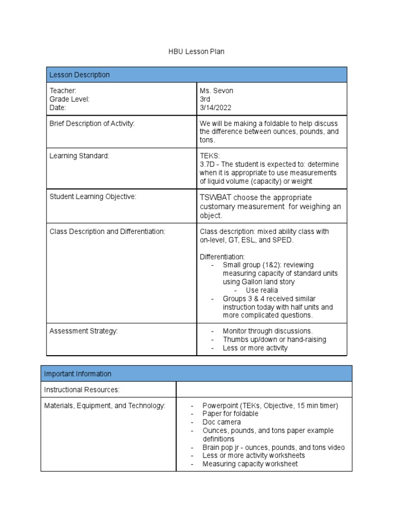 Measuring Weight Lesson Plan | PDF | Lesson Plan | Ton