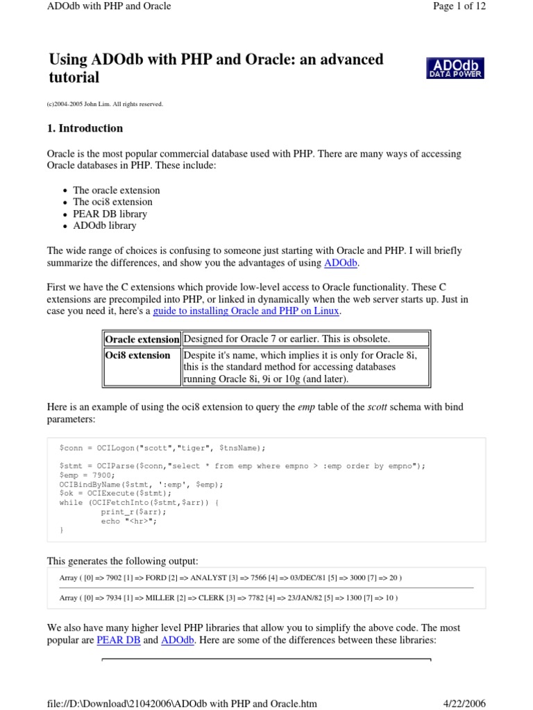 ADOdb With PHP and Oracle | PDF | Php | Pl/Sql