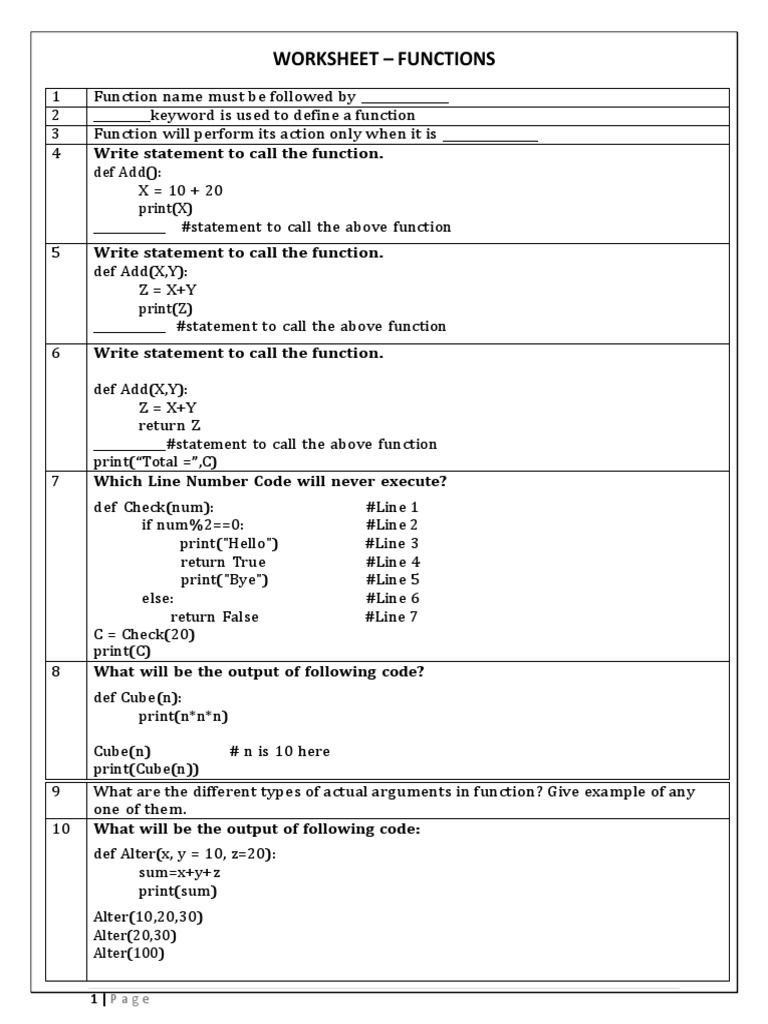 Function Worksheet | PDF | Subroutine | Parameter (Computer Programming) Function Worksheet | PDF | Subroutine | Parameter (Computer Programming)