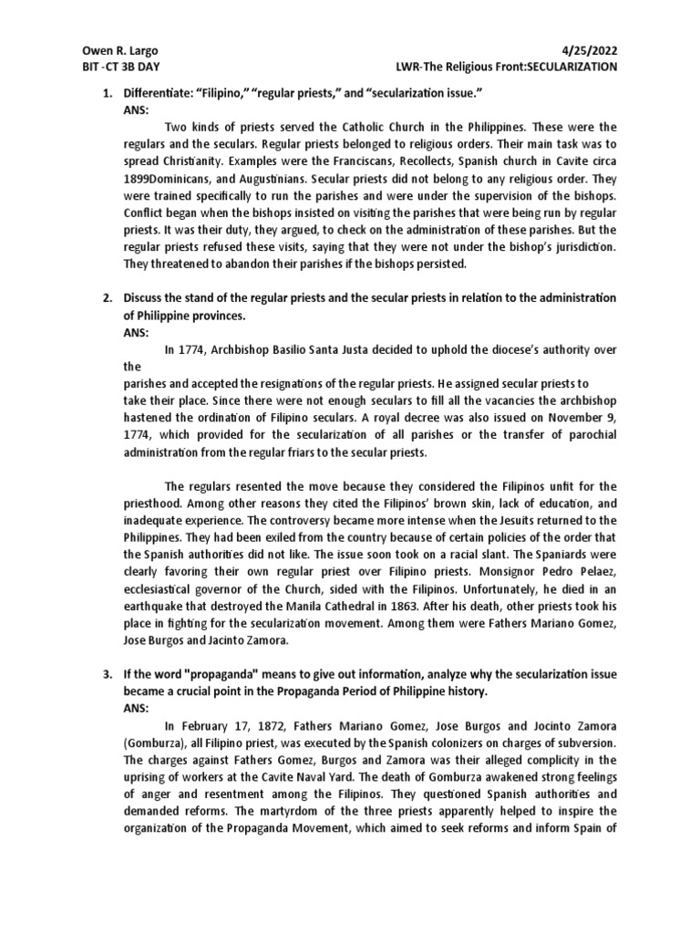 LWR The Religious Front SECULARIZATION | PDF | Philippines | Catholic Church