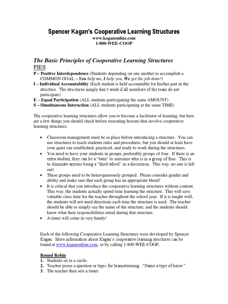 Spencer Kagan's Cooperative Learning Structures | PDF | Teachers ...