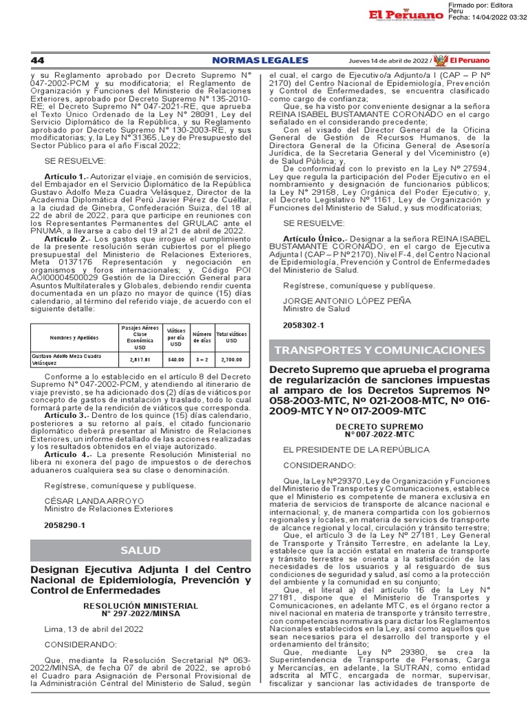 Decreto Supremo Que Aprueba El Programa de Regularizacion de Decreto Supremo N 007 2022 MTC ...