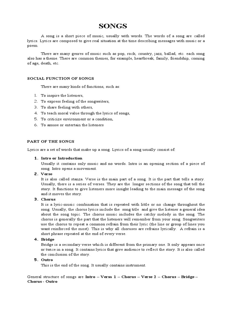 Language Features and Functions of Songs | PDF | Refrain | Poetry