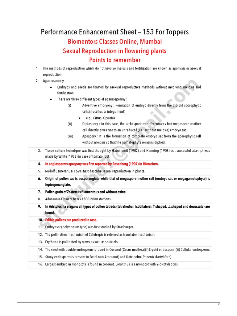 Performance Enhancement Sheet - 153 For Toppers | PDF | Plants | Biology