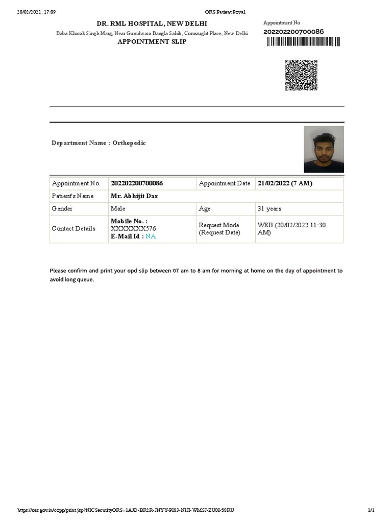 Department Name: Orthopedic: Dr. RML Hospital, New Delhi Appointment Slip | PDF