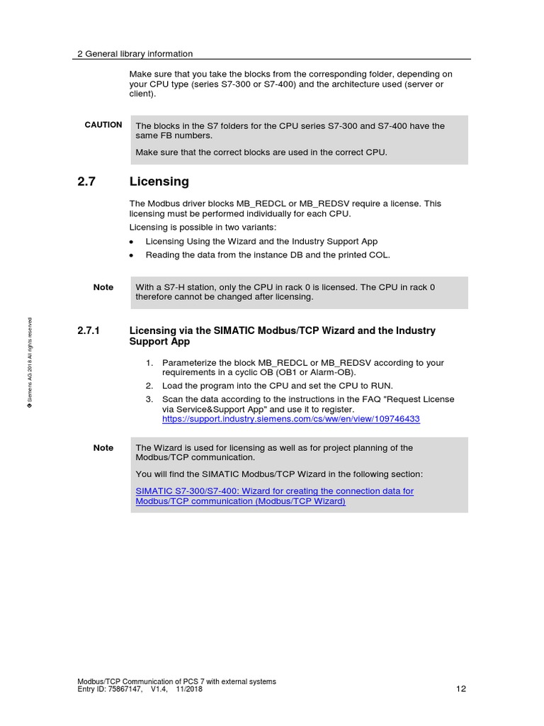 SIMATIC Modbus TCP-IP Licensing | PDF