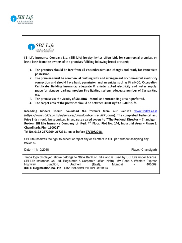 RFP - Bidding Process For Proposed Premises in Mandi | PDF | Lease ...