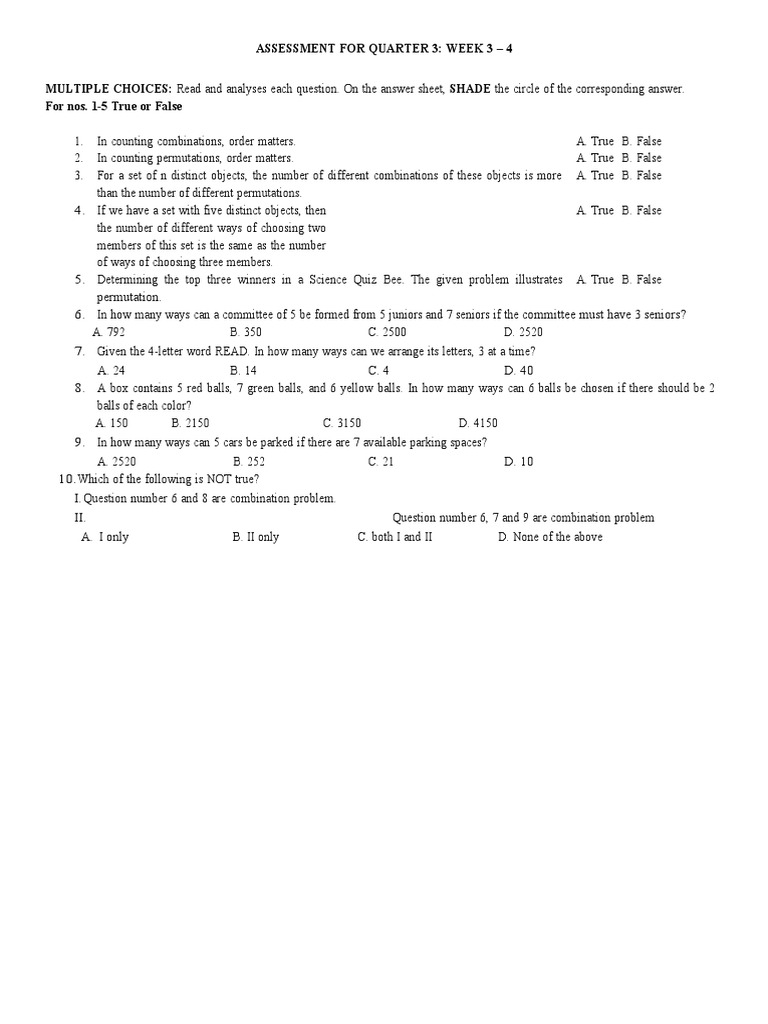 Assessment For Quarter 3 | PDF