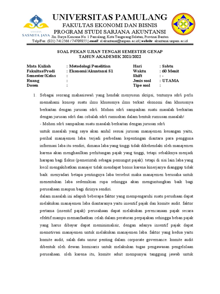 Soal Uts Metlit 2021. 2022 Genap | PDF