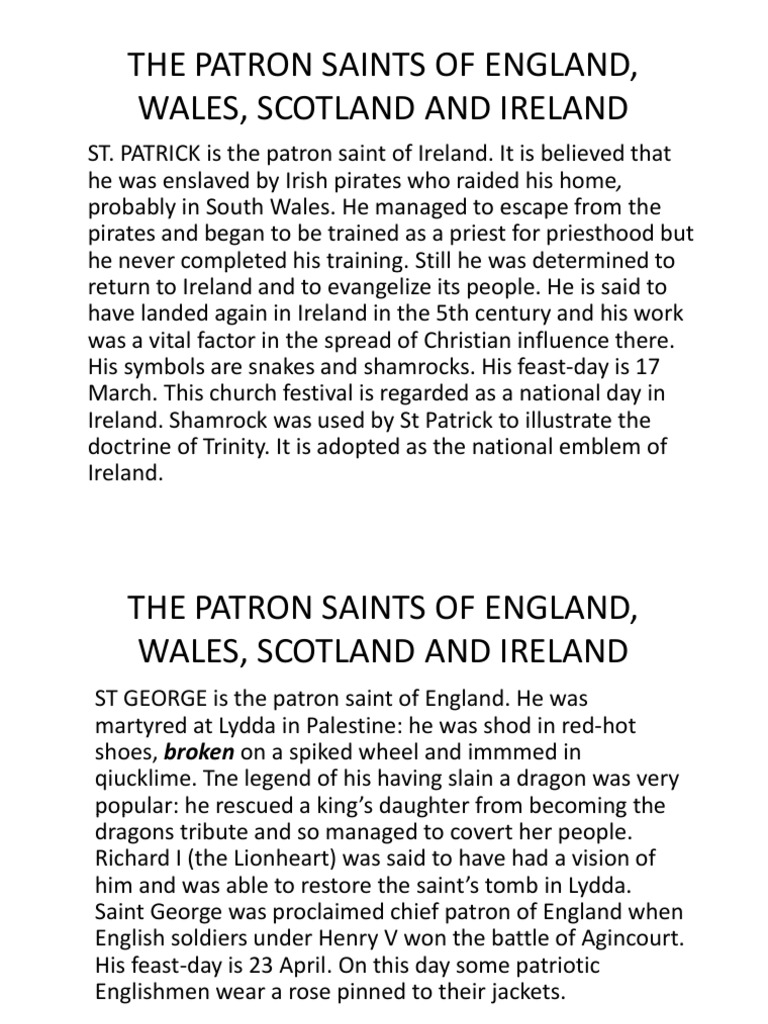 The Patron Saints of England, Wales, Scotland and Ireland | PDF ...